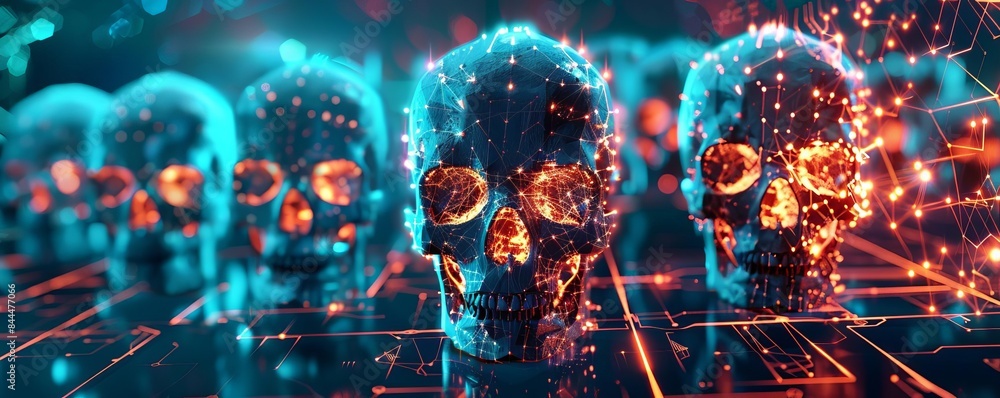 Futuristic digital skulls with glowing neon lights, symbolizing ...