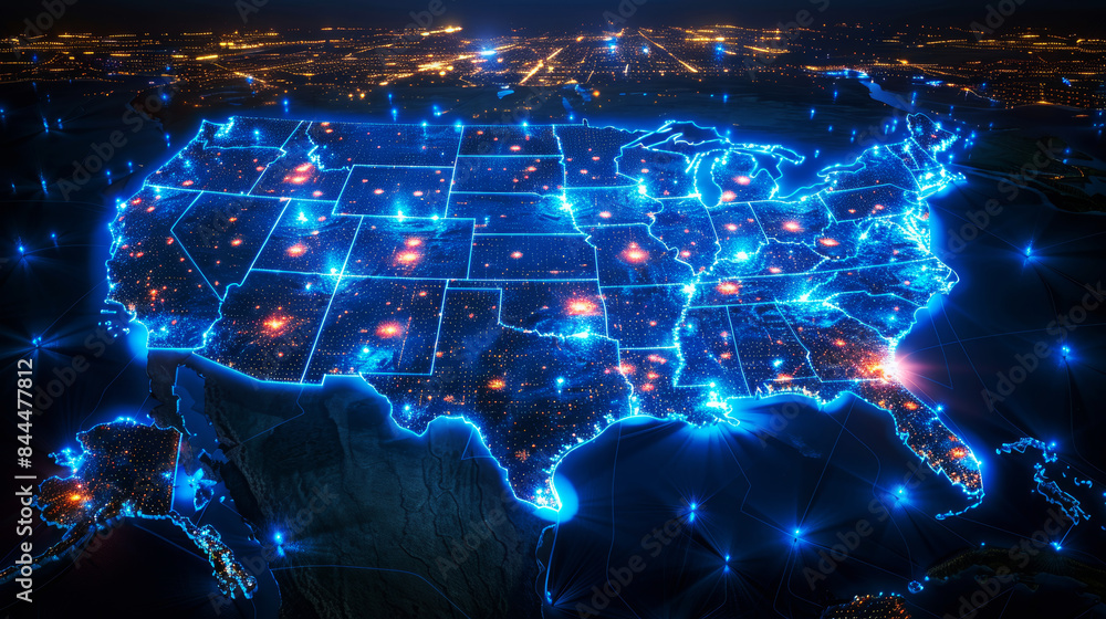 Digital blue light is sparkle on America map landscape global ...