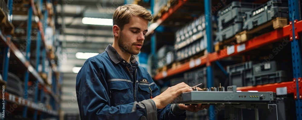 Mechanic calibrating a warehouse scale, large storage space, precise ...
