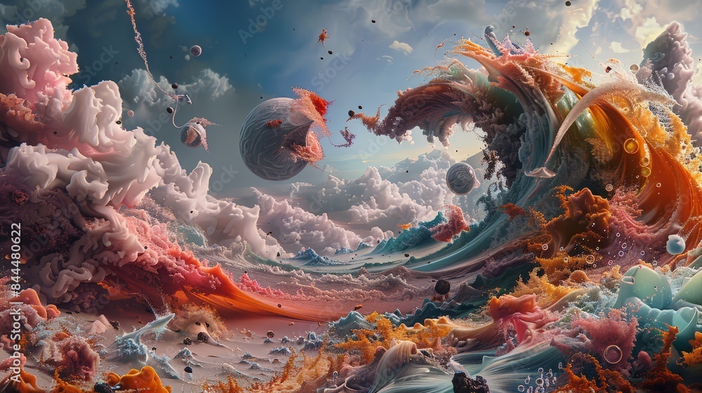 Ultra-wide surreal alien landscape features an undulating wave-like ...