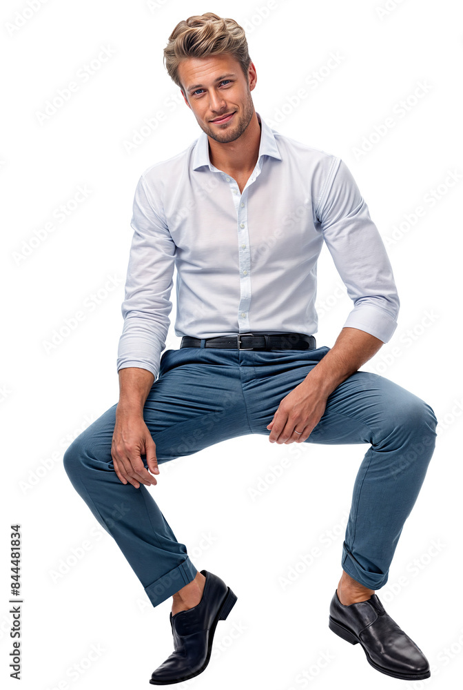 Isolated sitting handsome young man wearing white shirt and blue chonos ...