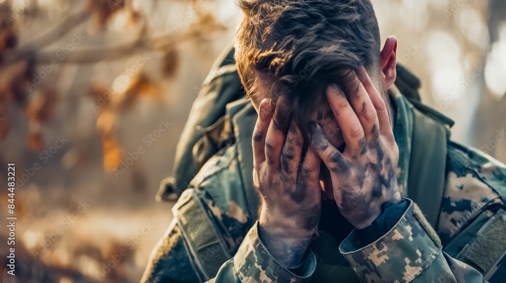 Poignant Moment of a Soldier in Distress, Hiding His Face in Hands ...
