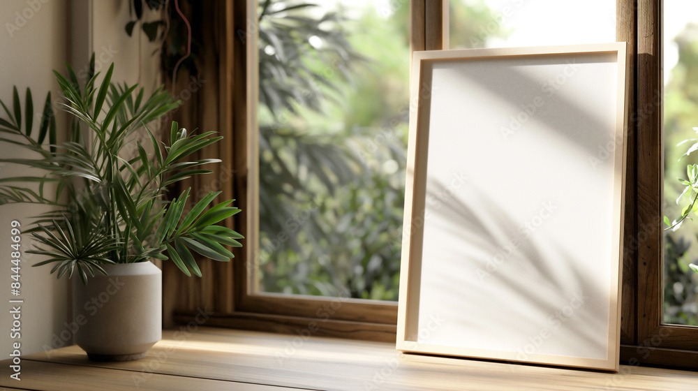Mockup of an empty frame leaning against the window in a rustic wooden ...