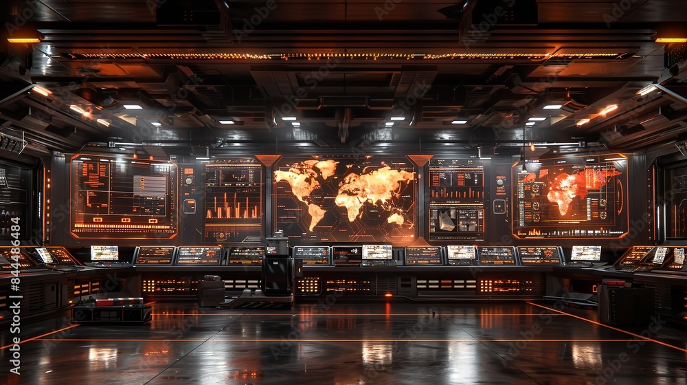 A futuristic control room with a large world map display and numerous ...