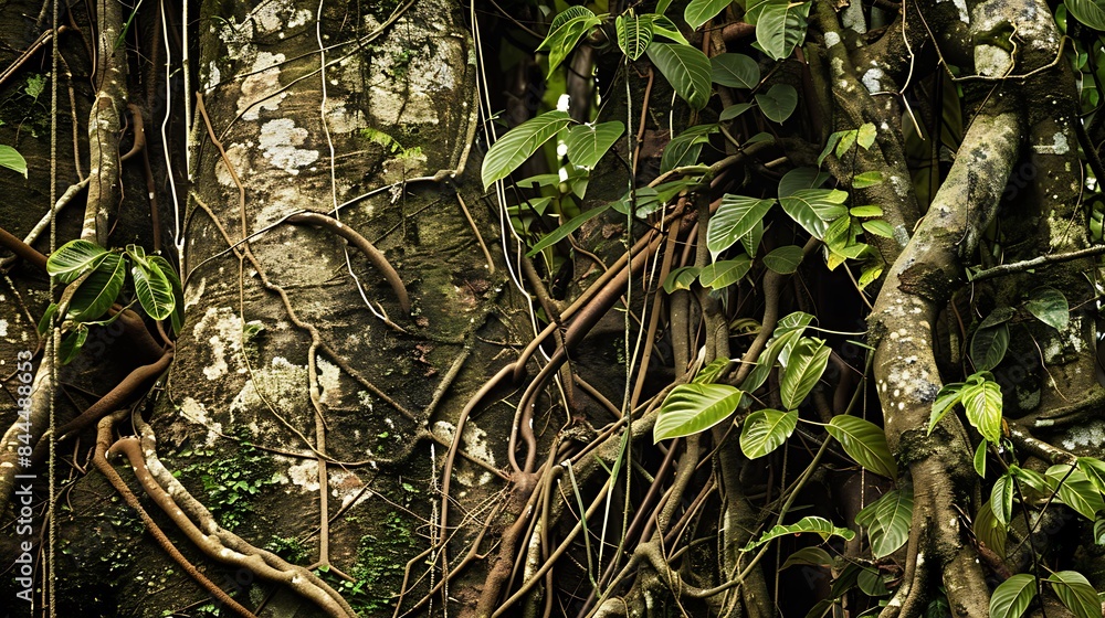 Rainforest tree trunks and vines, focusing on the intricate and rugged ...