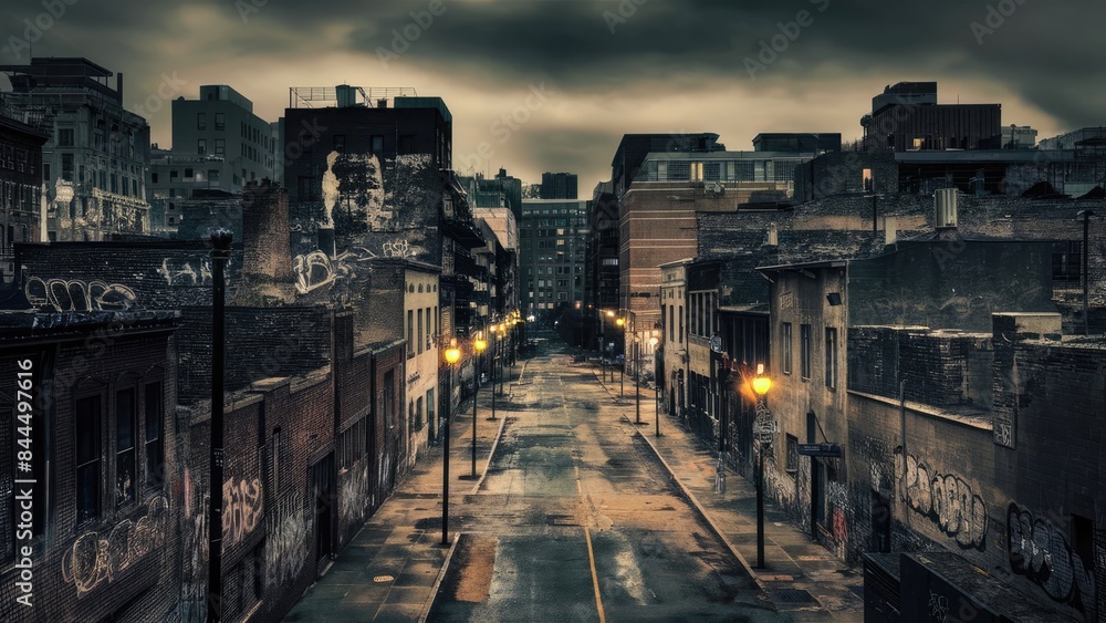 Atmospheric, gritty nighttime cityscape photo, showing a mix of old and ...