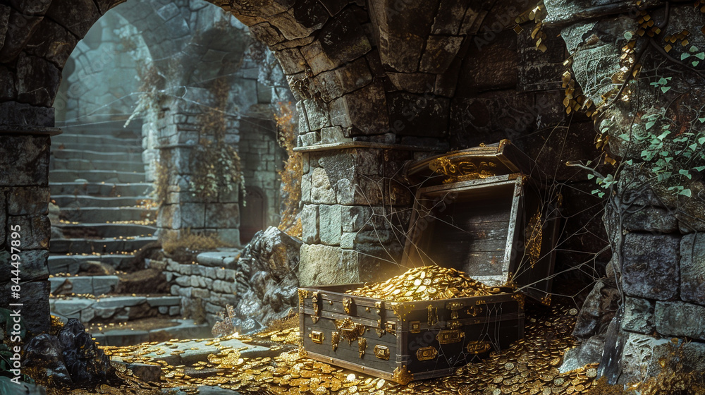 A hidden chamber within a stone castle dusty and cobwebfilled revealing ...