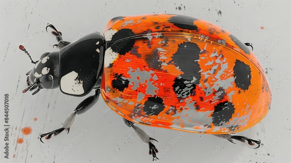 An orange bug with black spots on its back legs and a black and white ...