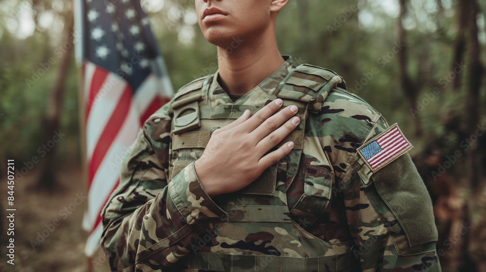 Patriotic Salute, Young Soldier Honoring the American Flag in a Forest ...