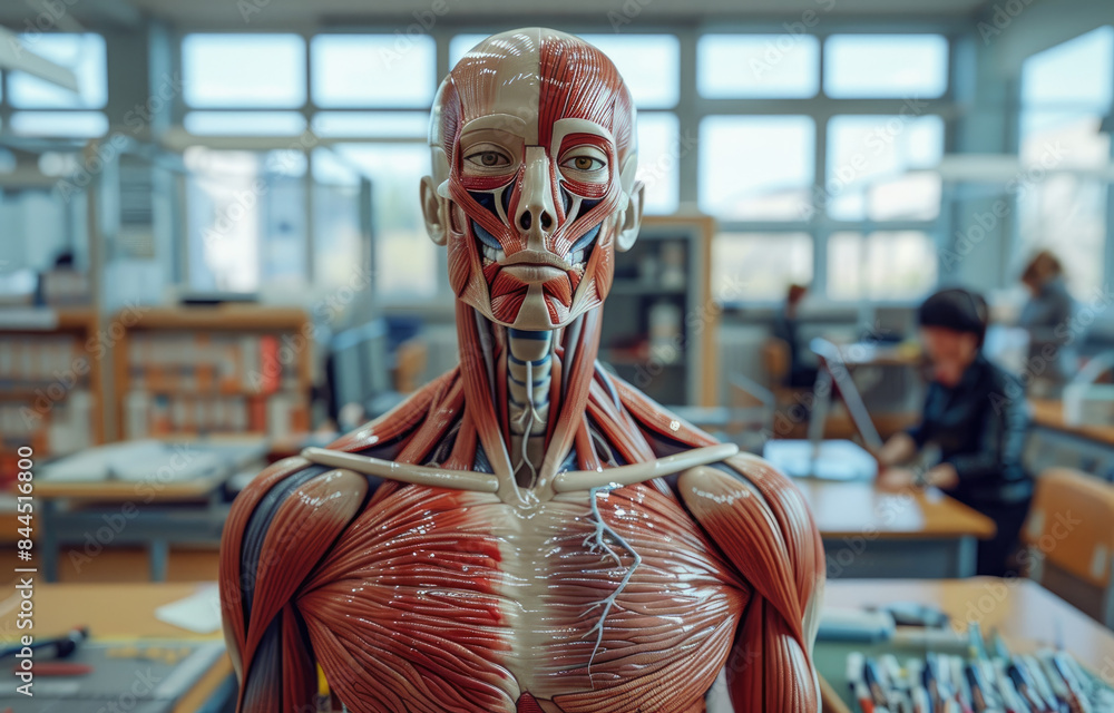 An anatomic figure of the muscle system is visible with skin and body ...