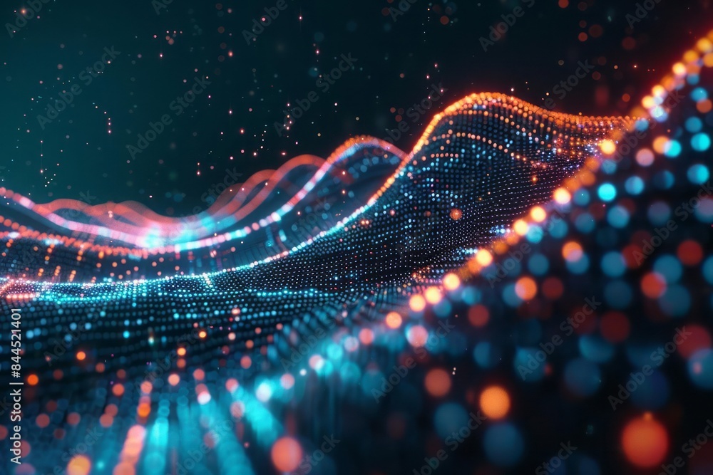 A dynamic neon digital wave made of pixels conveying motion and energy ...