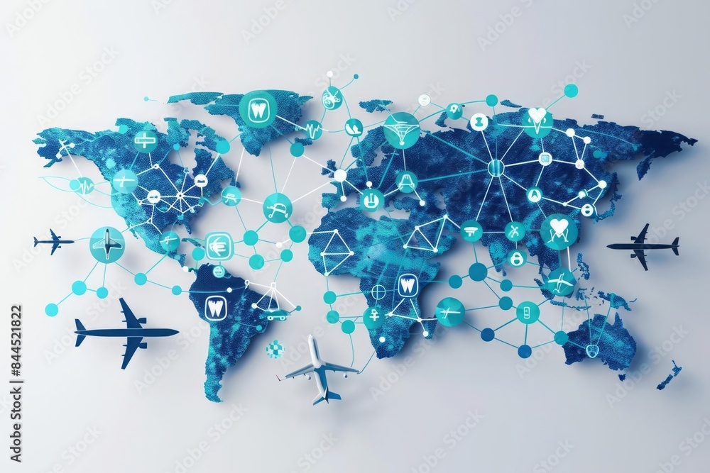 A world map with icons of medical symbols and airplanes symbolizing the ...