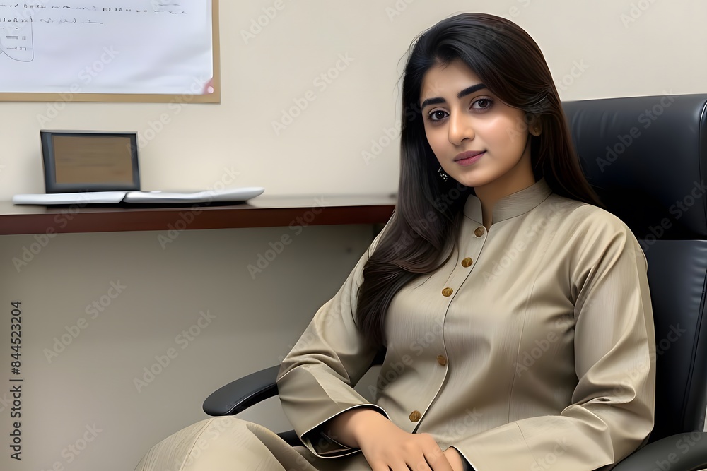 The image features a pakistani asian woman seated at a desk in an ...