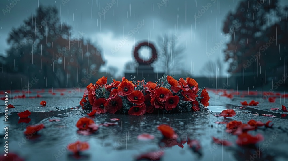 Somber scene of a memorial adorned with red poppy flowers in the rain ...