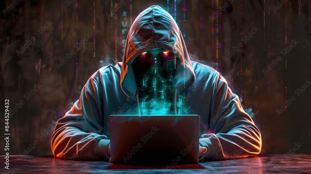 Hacker wear a hoodie using a laptop in the room overlay with source ...