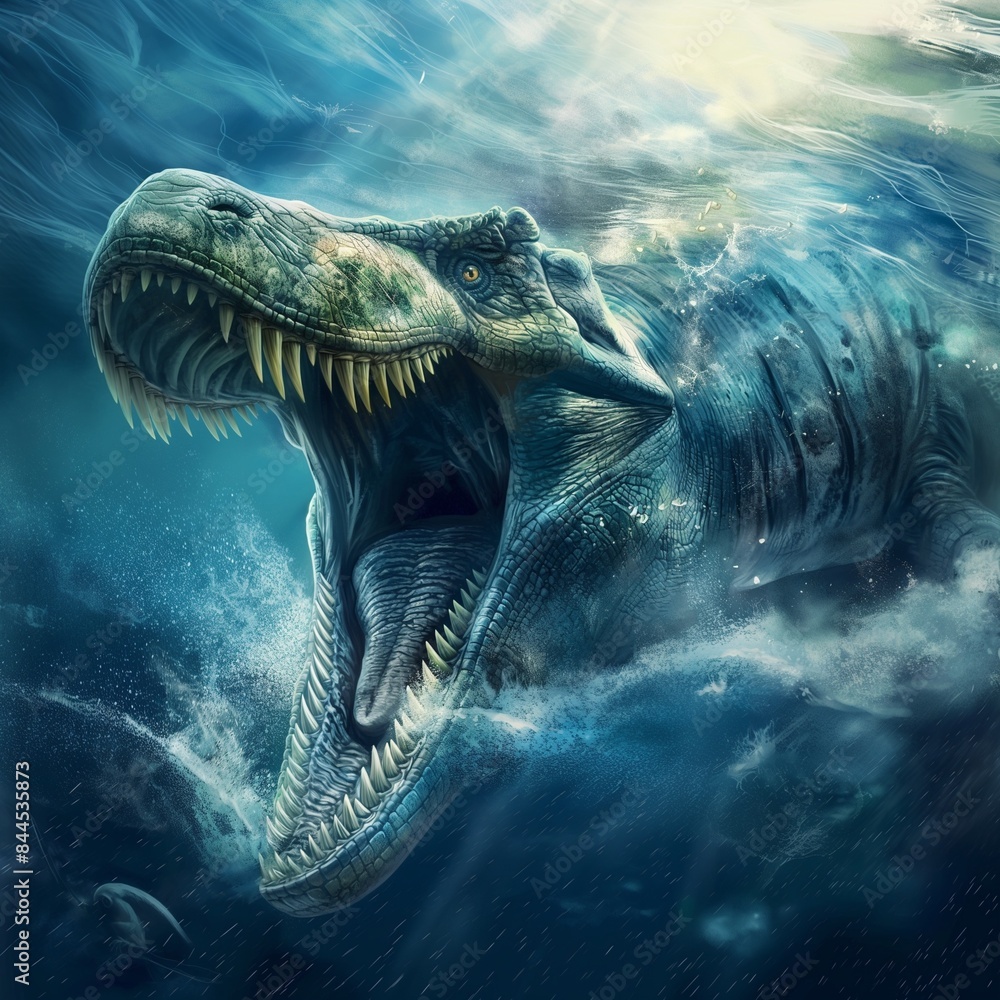 Dynamic underwater portrayal of a Mosasaurus with its jaws wide open ...