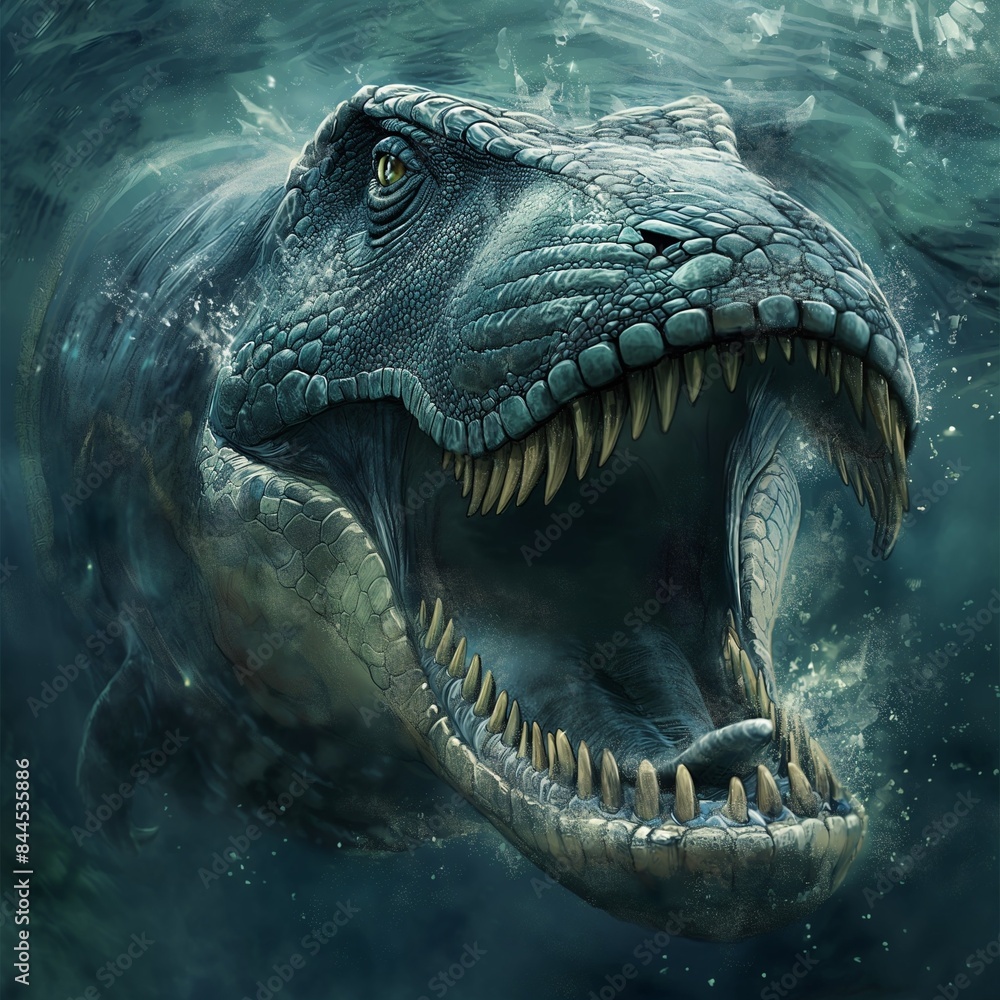 Intense underwater scene featuring a Mosasaurus with its jaws open ...