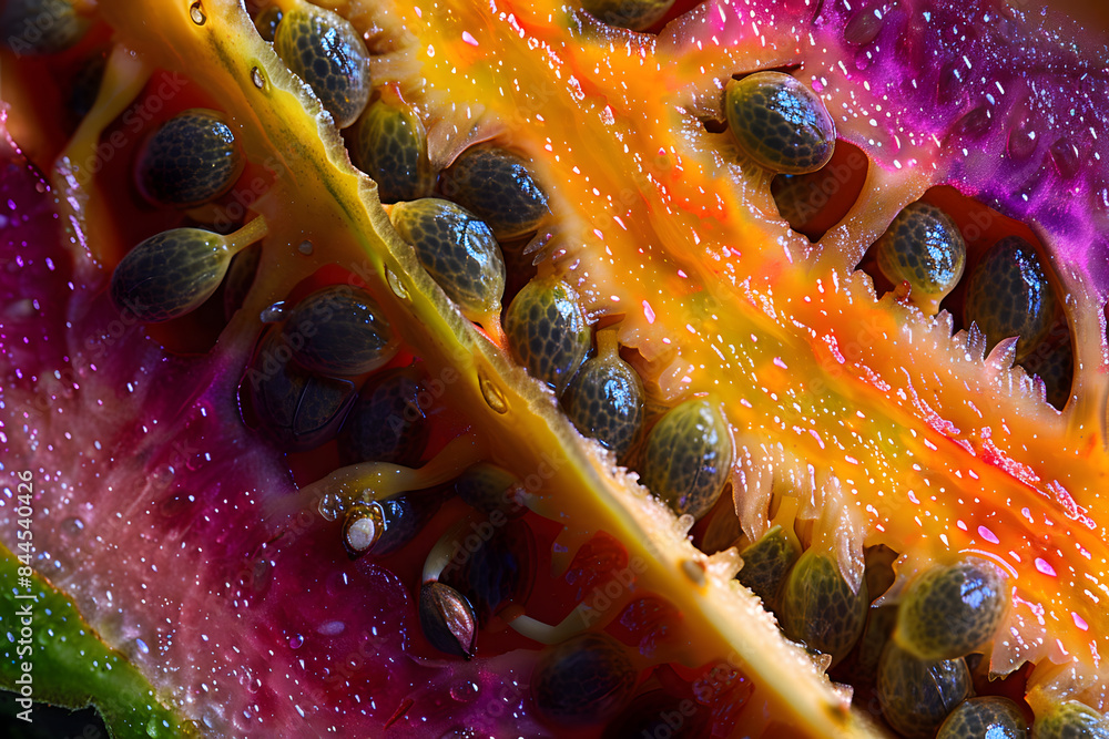 A detailed image of a slice of exotic fruit, showing the vibrant colors ...