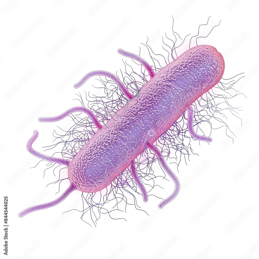 Detailed illustration of a purple bacterium with its flagella on a ...