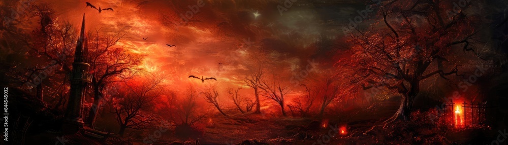 Haunting dark forest with red sky, barren trees, and chilling atmosphere, creating a perfect ...