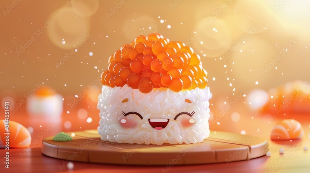 2d cartoon illustration of a charming sushi roll character topped with ...
