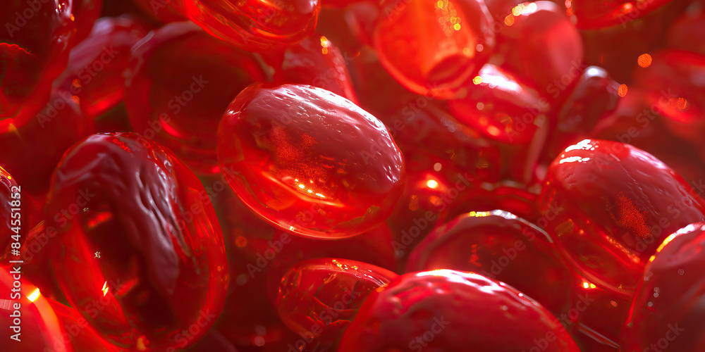 Ruby red blood cells microscopy close up examination of the inner body ...