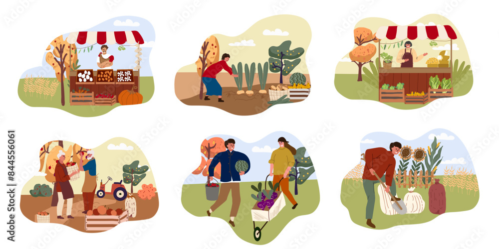 Set of hand drawn illustrations depicting farm, garden, agriculture ...