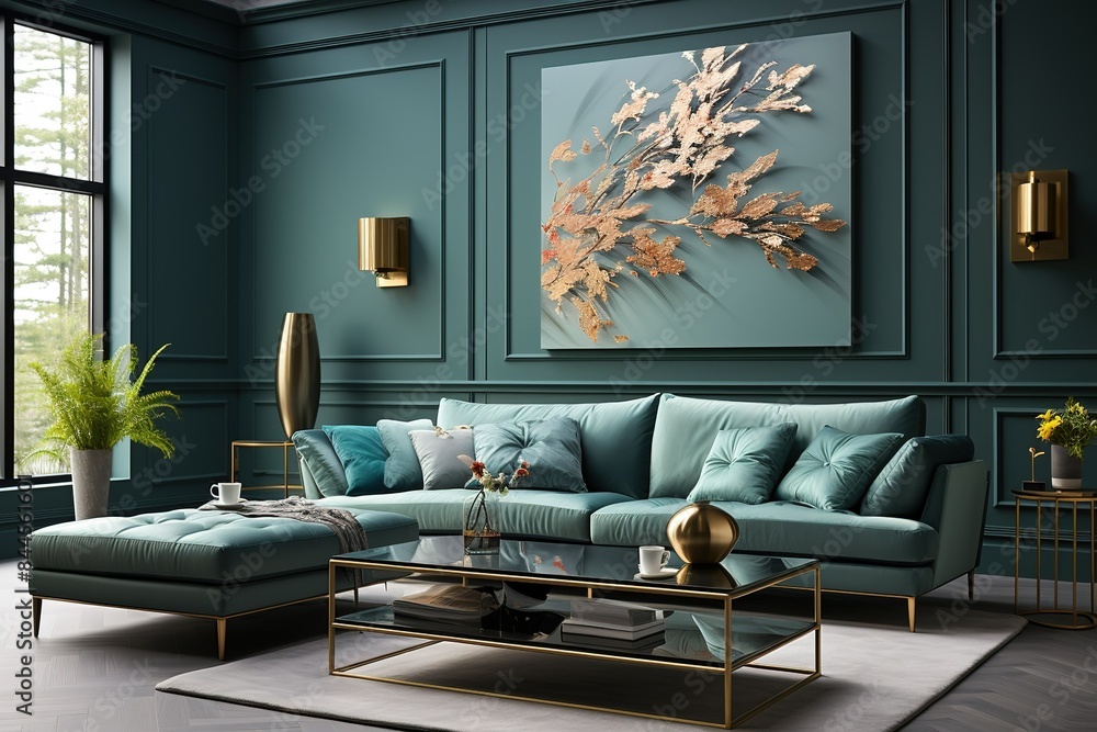 stylist and royal Green and blue living room interior design with rug ...