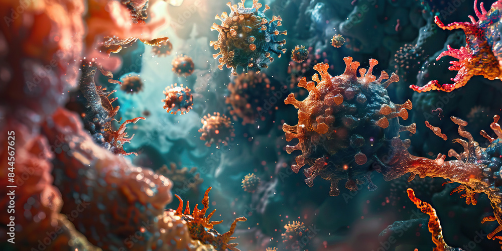 Virus assembly a microscopic view of viral particles floating and ...