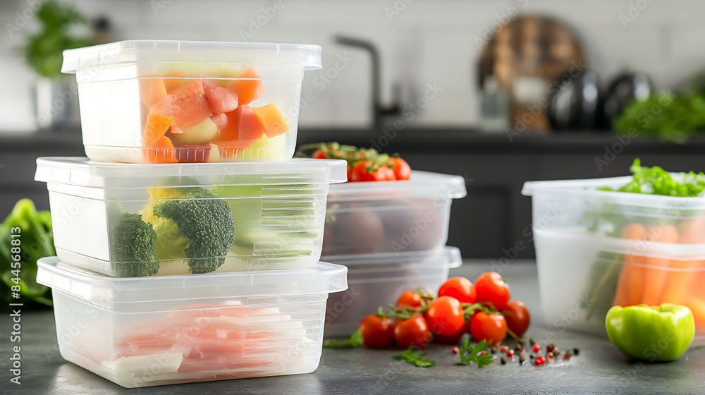 Stack of plastic containers with raw cut vegetables for freezing on ...