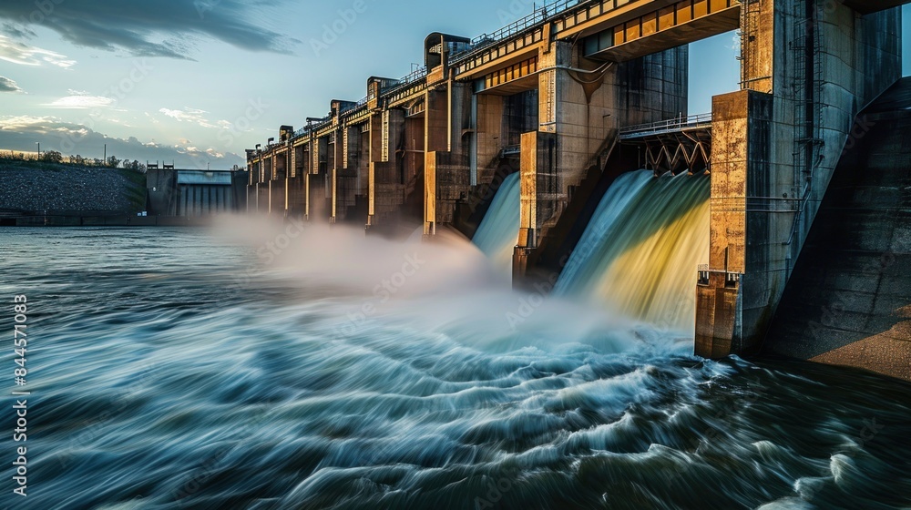 hydroelectric dam, water discharge through locks, river, power, energy ...