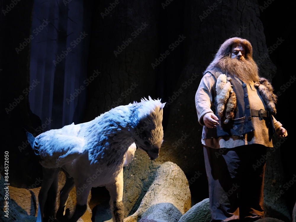 Tokyo - May 15 2024: Rubeus Hagrid and griffin model in Warner Bros ...