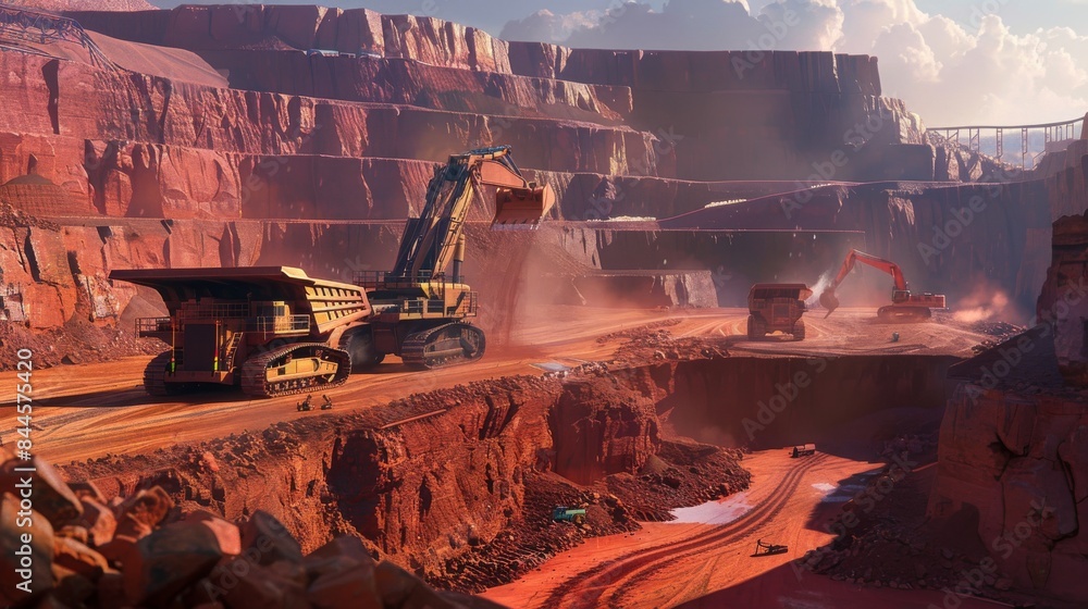 The image captures multiple large mining machines, including excavators ...