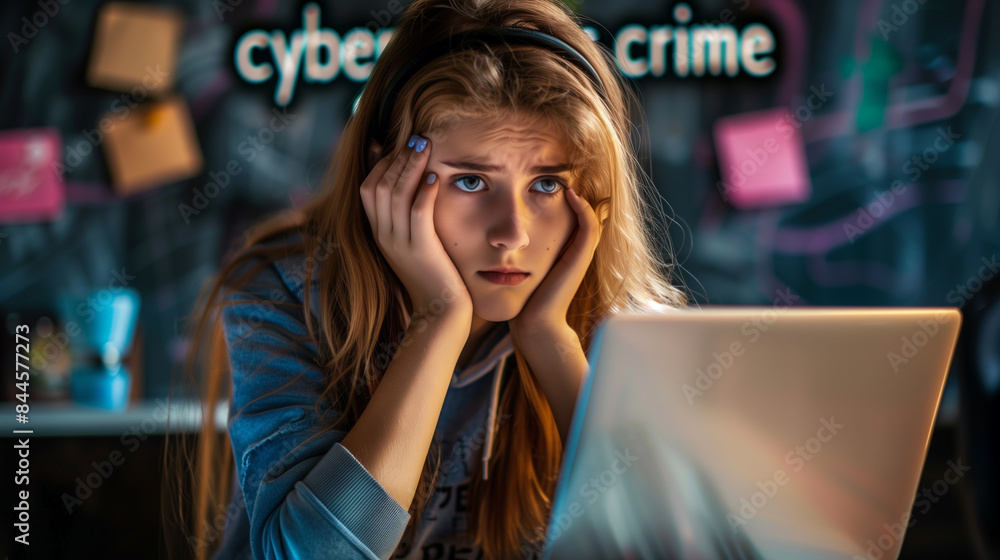 A saddened young woman stares at the monitor, with the words cyber ...