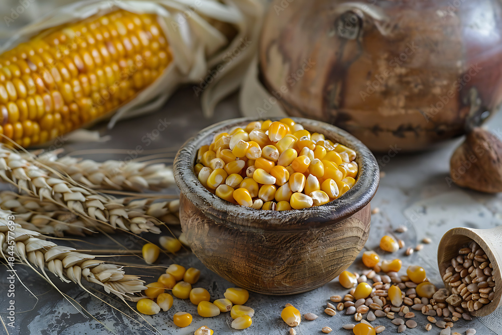 A vibrant assortment of corn kernels, whole wheat, and buckwheat ...