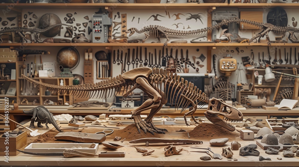 A paleontology lab with dinosaur fossils, skeletal reconstructions, and ...