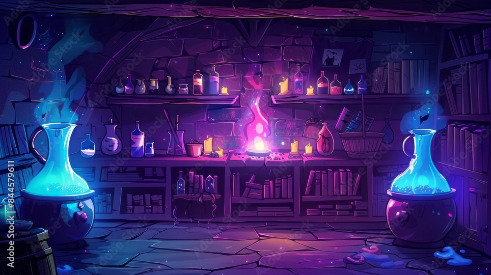 A background of a witch’s potion room filled with bubbling cauldrons ...
