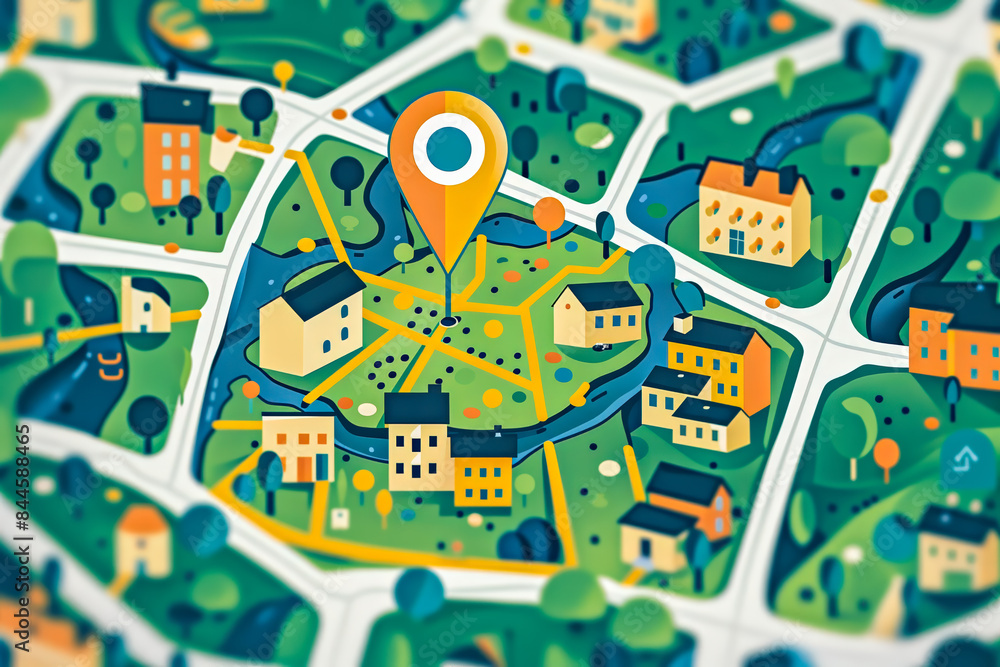 Colorful city map with location pin marker highlighting a neighborhood ...