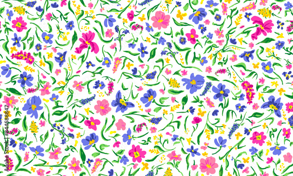 Various flowers with leaves seamless repeat pattern. Random placed ...