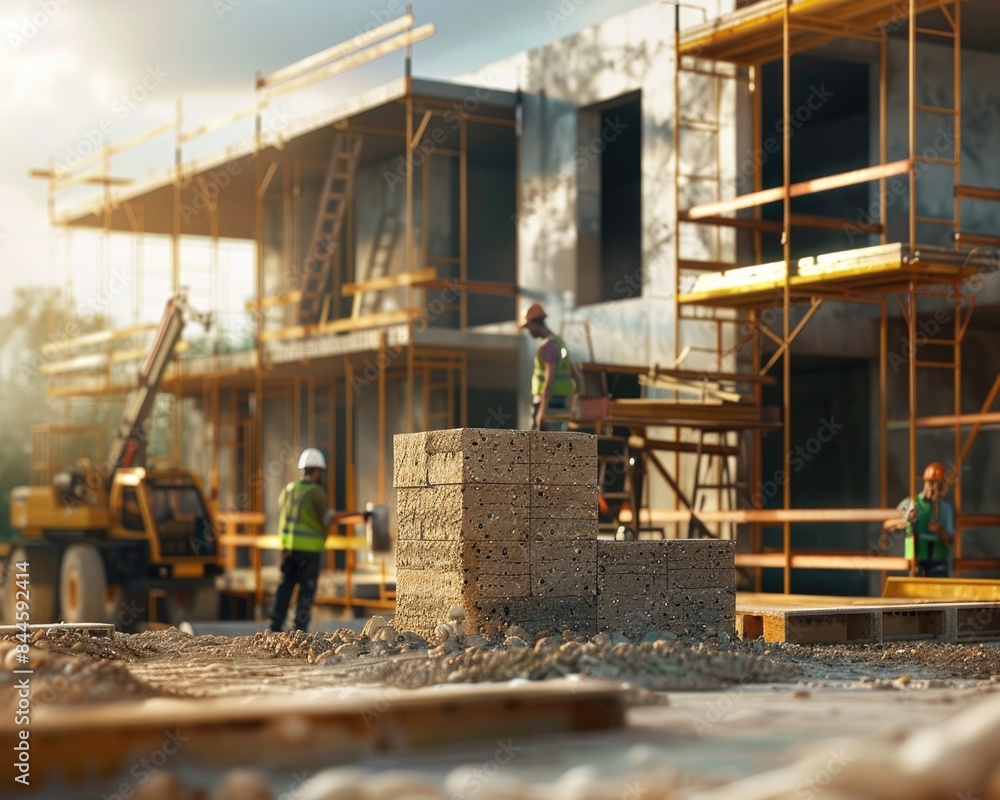 Construction workers building with hempcrete materials, focus on ...
