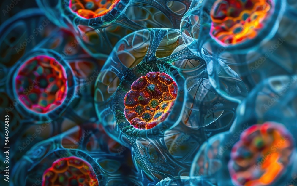 Nucleus division during mitosis, close up, cell biology, vibrant ...