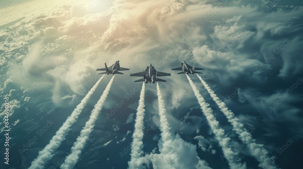 Three fighter jets flying in close formation at a high altitude ...