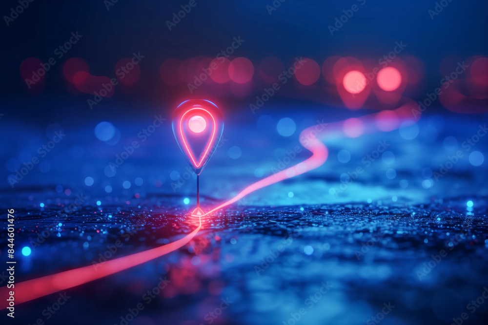 Digital route map with glowing red location pins and path markers at ...