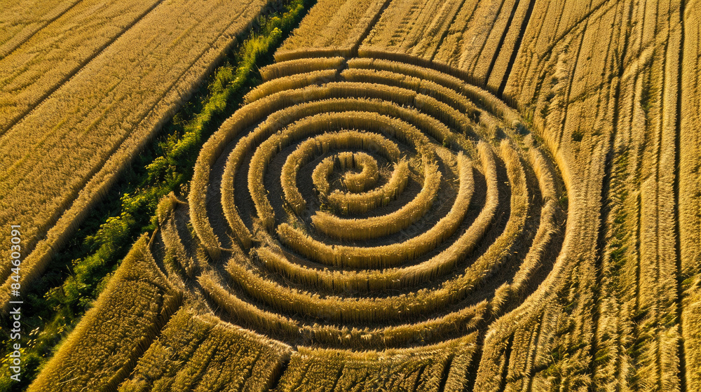 Crop circles on agricultural corn field, aerial view of extraterrestrial sign pattern. Concept ...
