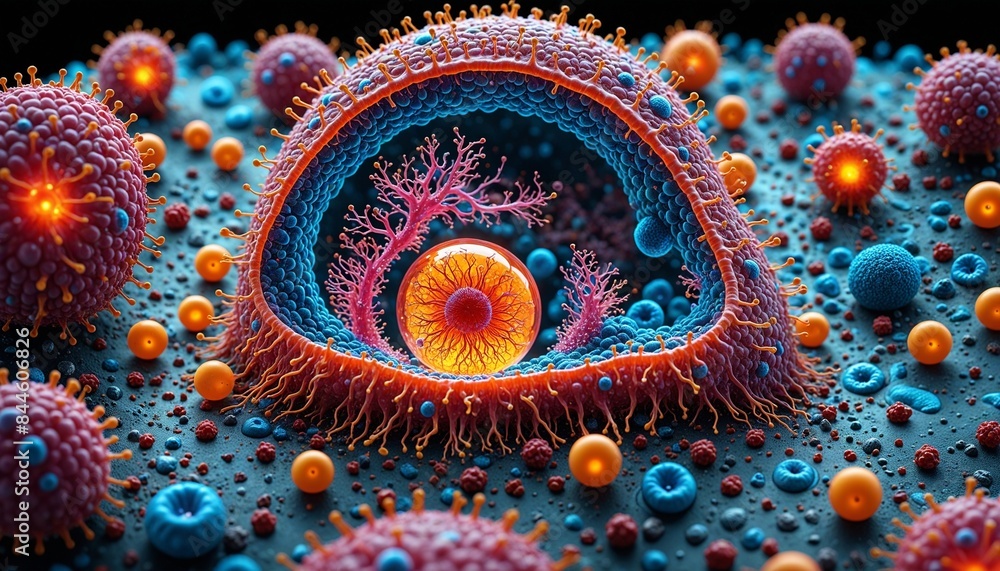 A spleen cell, a blood filter glows with immune activity, surrounded by ...