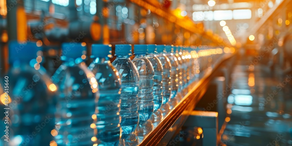 Bottles of water moving along a production line in a factory ...