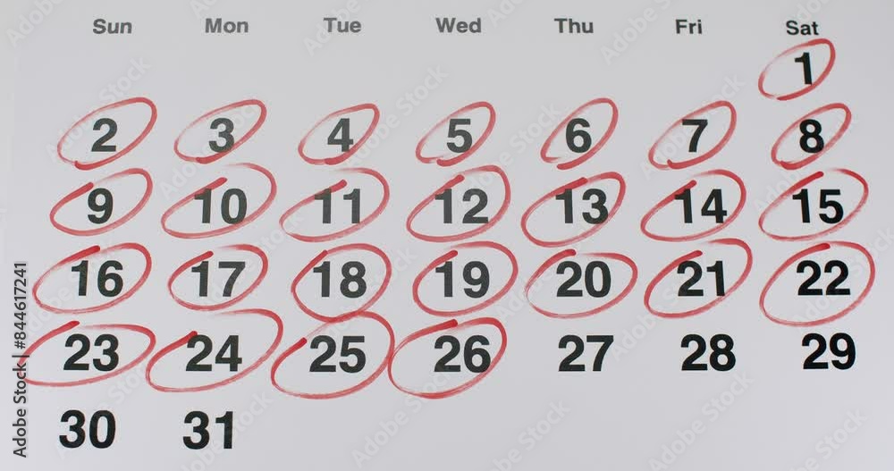Image of a monthly calendar with weekends and important dates circled ...