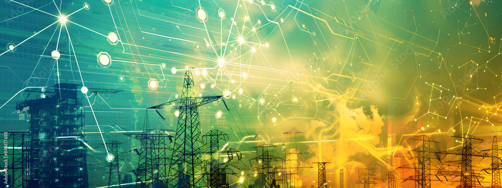 Digital illustration of an energy grid with interconnected power towers ...