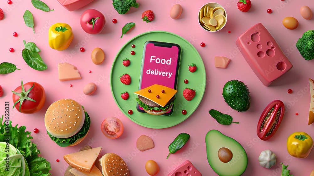 3D mobile phone with food delivery app on the screen, fresh fruits and ...