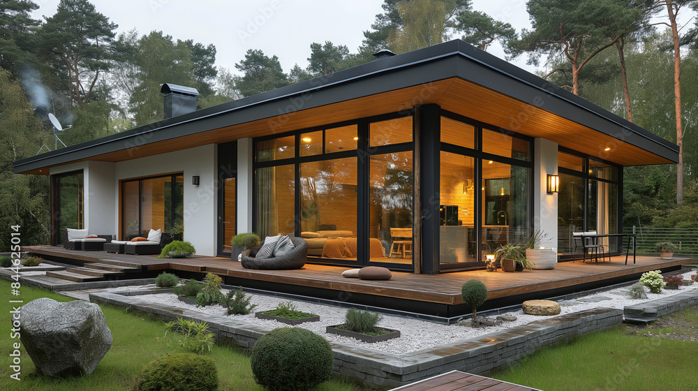 The design of a square house with wooden trim and a recreation area in ...